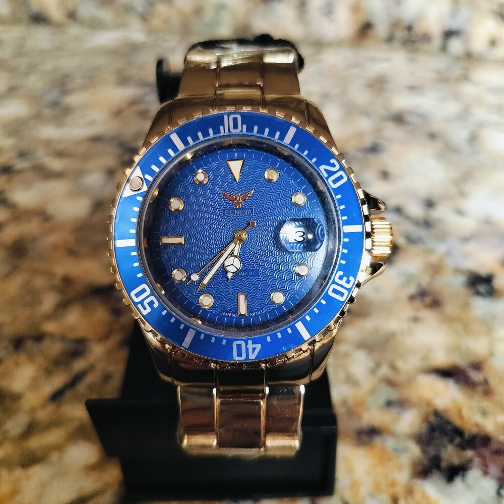 Men's Gold Automatic Blue Face Watch - Gem